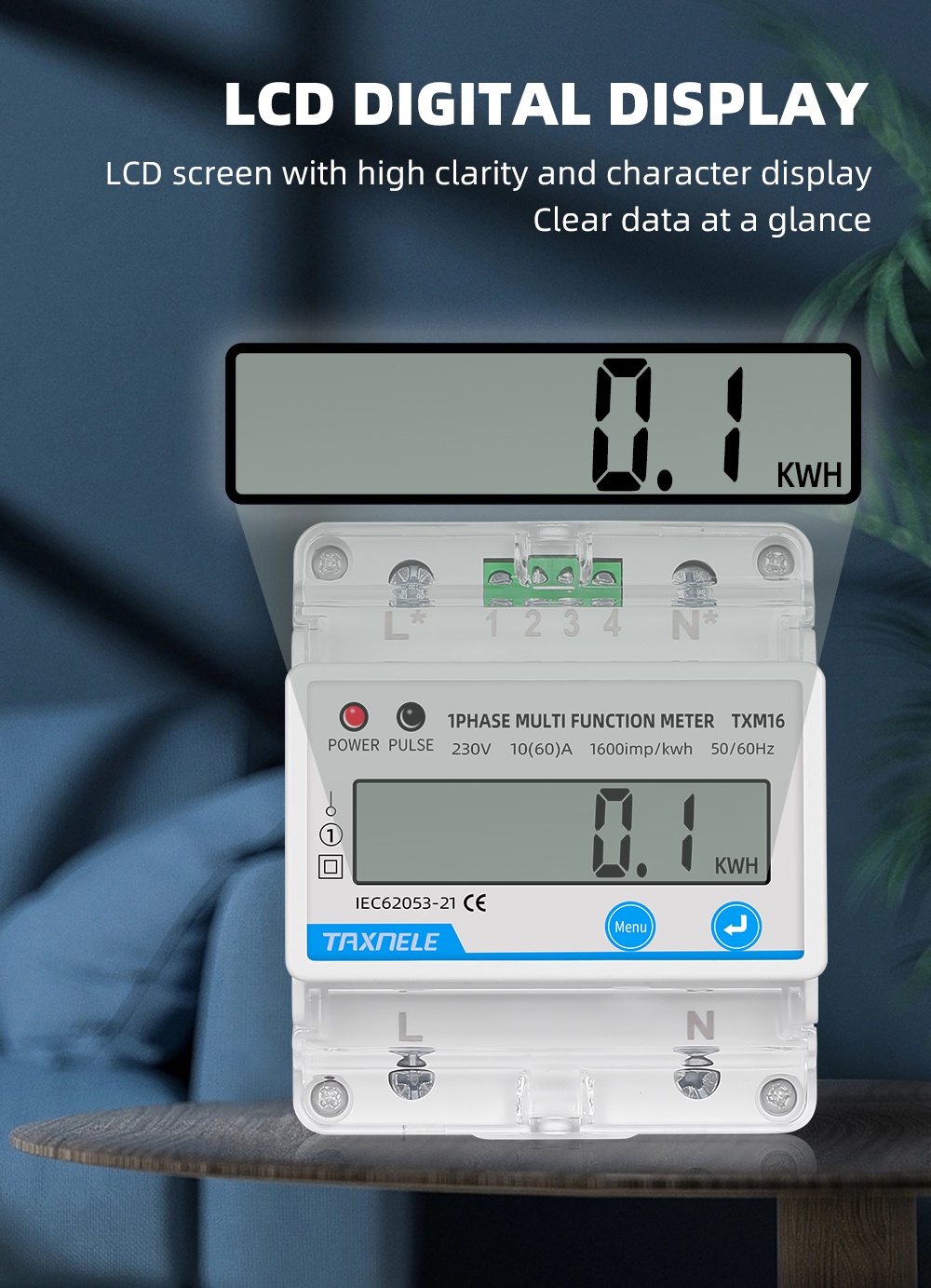 Single Phase 1P 2 Wire Digital Wattmeter Power Consumption Energy Meter ...