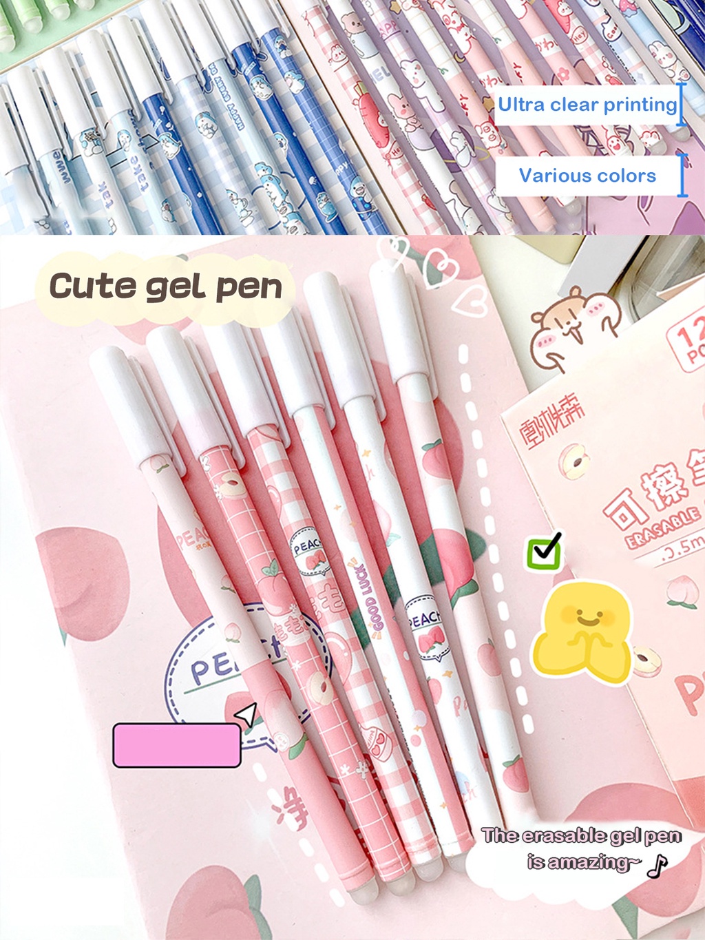 12 Pcs Gel Pens with Various Patterns, Erasable Fine Tip, 0.5mm, Cute ...