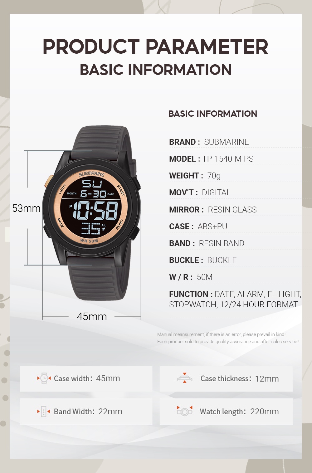 SUBMARINE Stylish Digital Watch Waterproof Men Watch EL Light Stopwatch ...