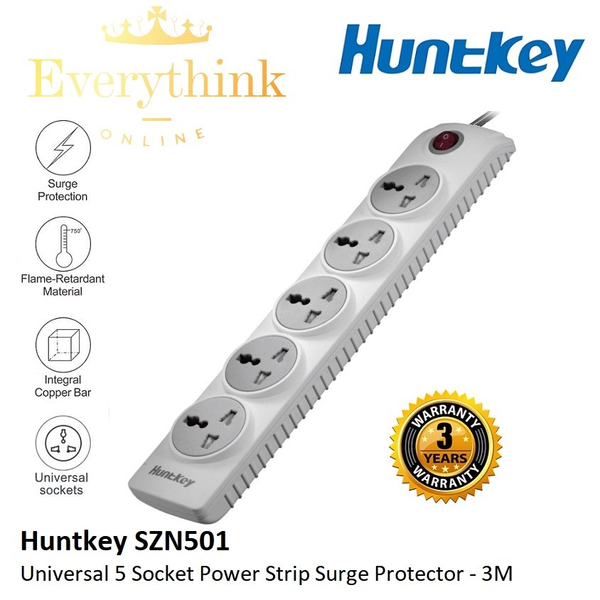 HUNTKEY SZN501 5 PLUGS 3METER POWER STRIP THUNDER SURGE PROTECTOR ...