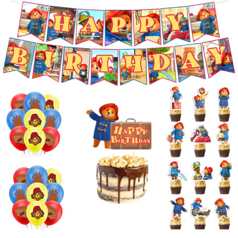 Paddington Birthday Bear Party Decor Set Banner Cake Toppers Pull Flag ...