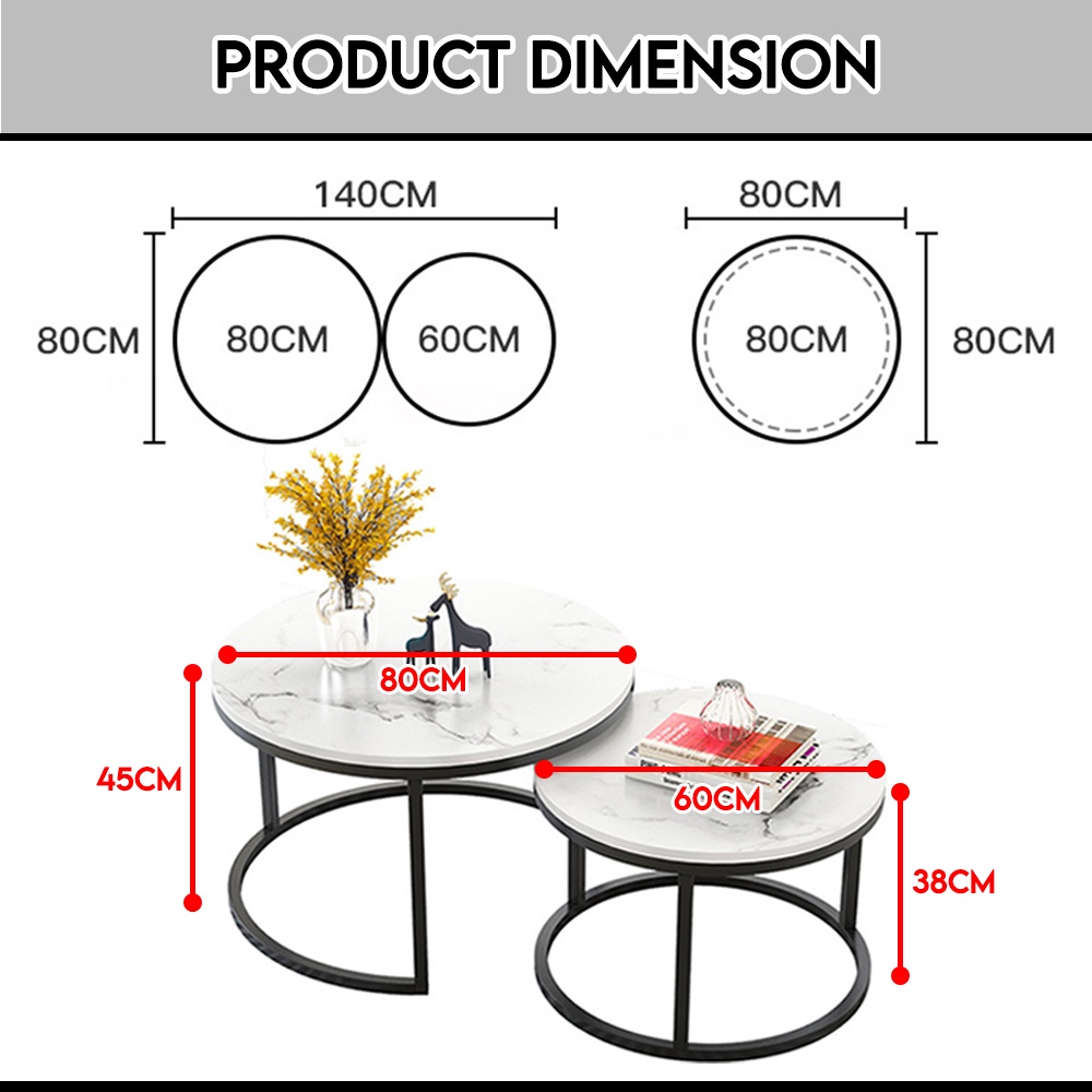 [1 SET 2 TABLE] Borong365 Double Coffee Table Round Marble Table Meja ...