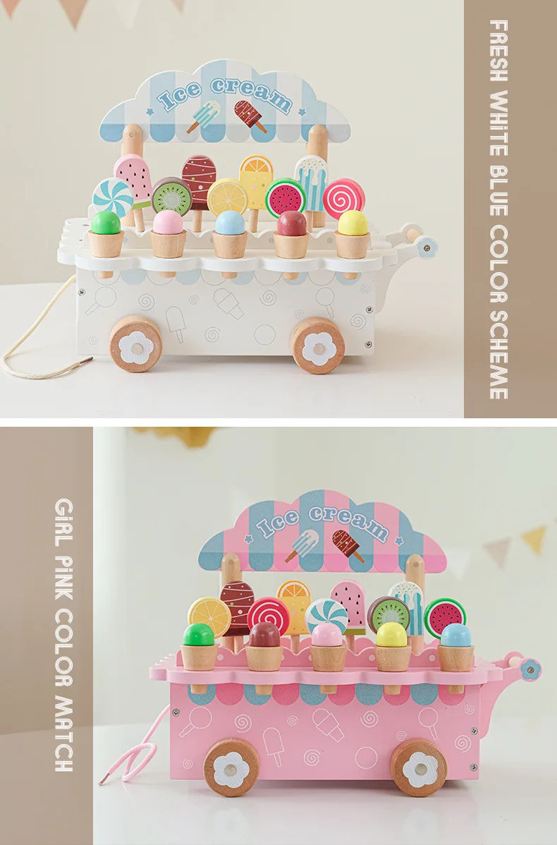 Wooden Ice Cream Cart Toys Wooden Pretend Play Toys Children Role Play ...