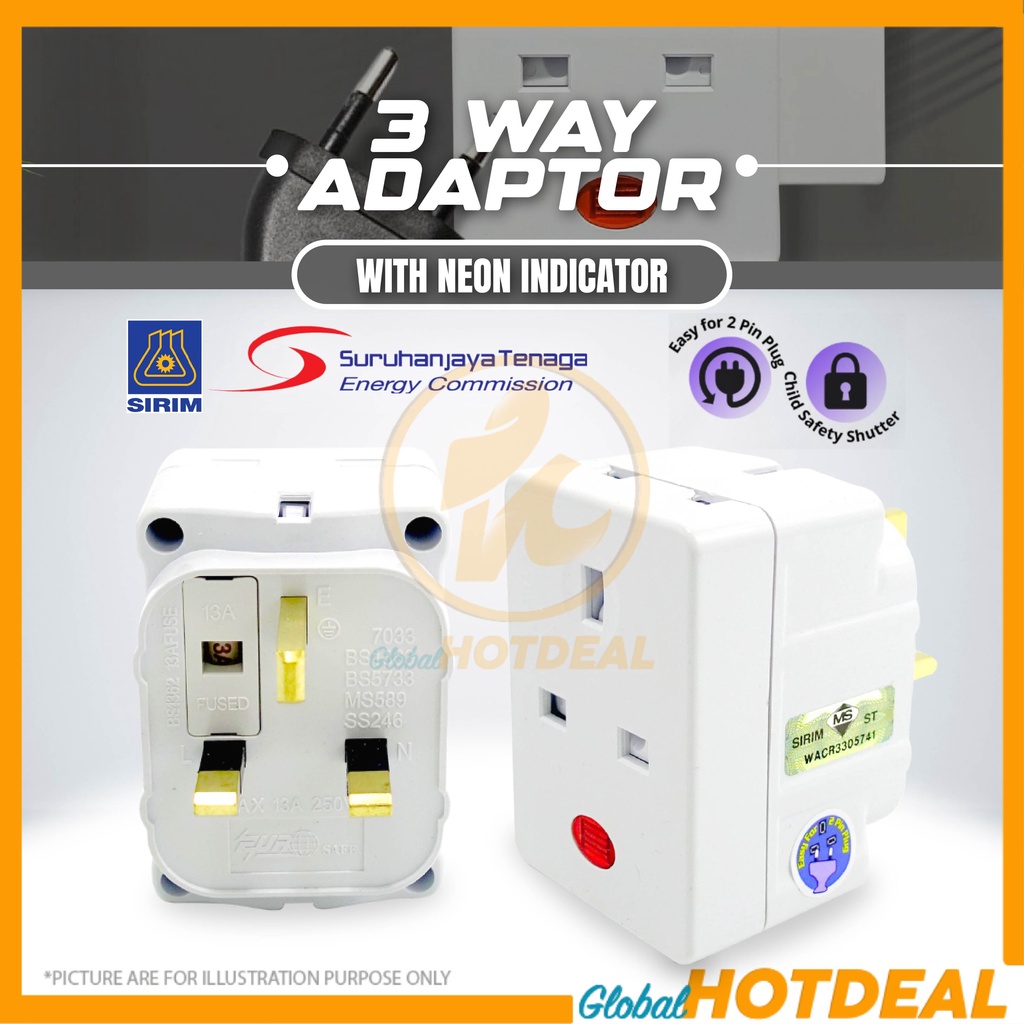 [SIRIM] PREMIUM 13A 3 Way Adapter NEON Light Indicator With Safety ...