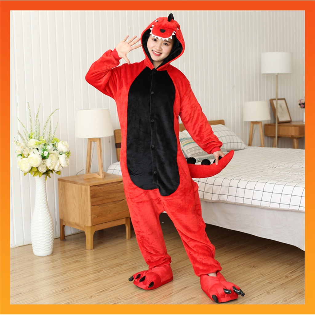 Winter Adults Animal Red Dinosaur Onesies Women Men Pajamas Suit ...
