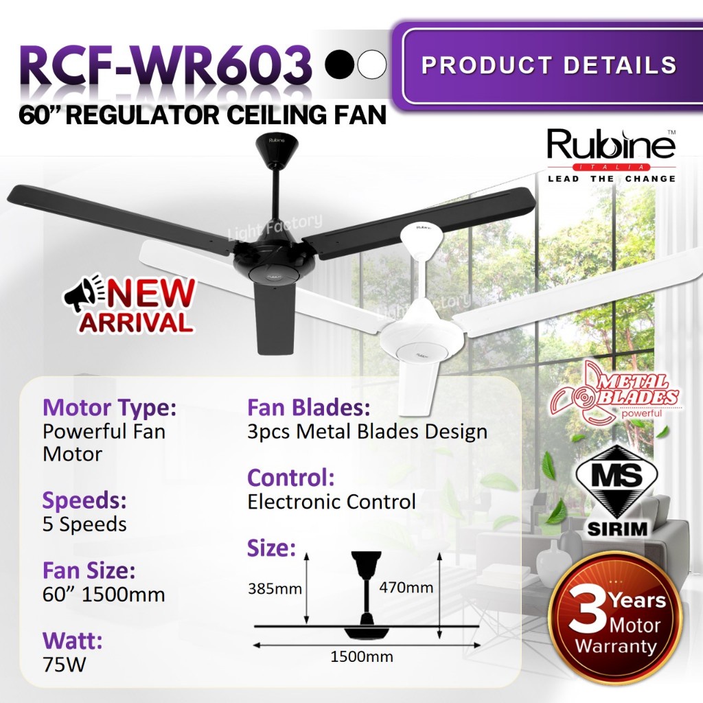 🔥NEW🔥RUBINE Fan RCF WR603-2101 White 60" 3 Blades 5 Speeds AC Motor Regulator Ceiling Fan Kipas ...
