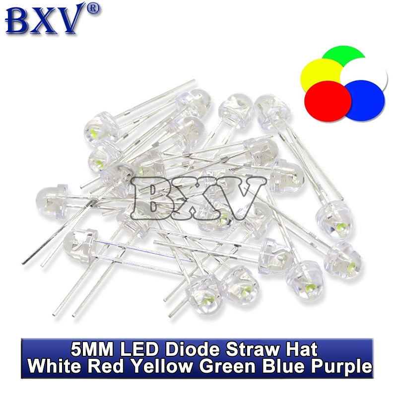 100PCS 5mm LED Diode Straw Hat White Red Green Blue Yellow Purple Light ...