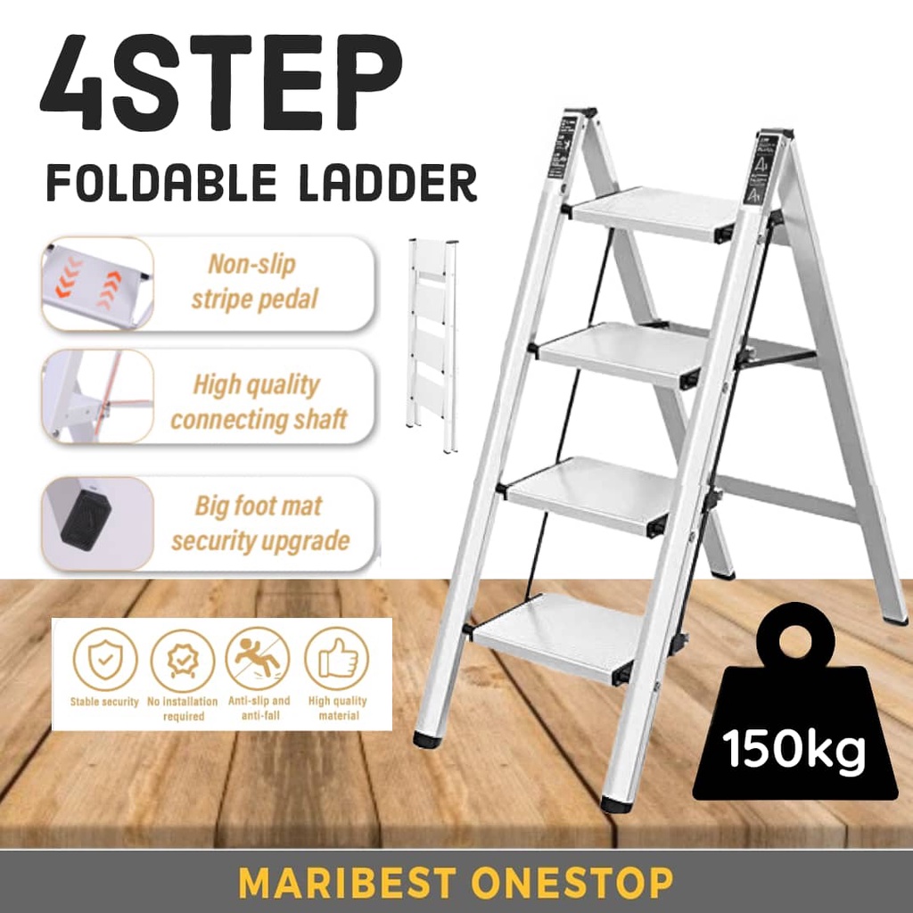 4 Step 150kg Capacity Heavy Duty Foldable Ladder Folding Step Stool ...
