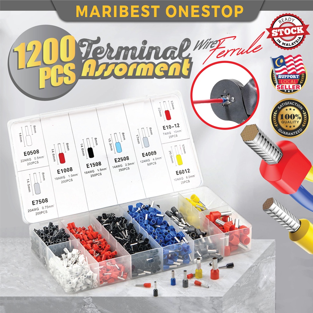 1200PCS Terminal Wire Ferrules Insulated Wiring Crimp Kit Electrician ...