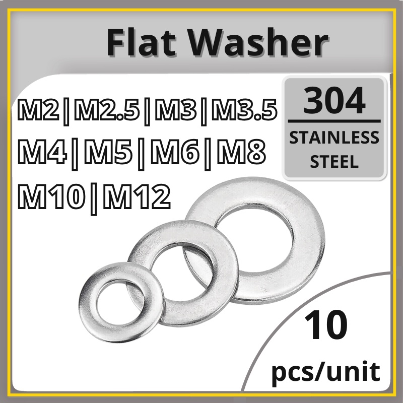 [10pcs] Flat Washer SUS 304 Stainless Steel Grade A2-70 | M2 M2.5 M3 M3.5 M4 M5 M6 M8 M10 M12 ...