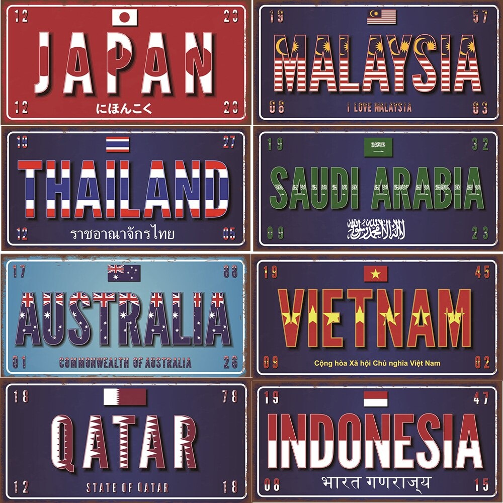 Asia Countries Name Flag License Plate Poster Vintage Home Retro Metal ...