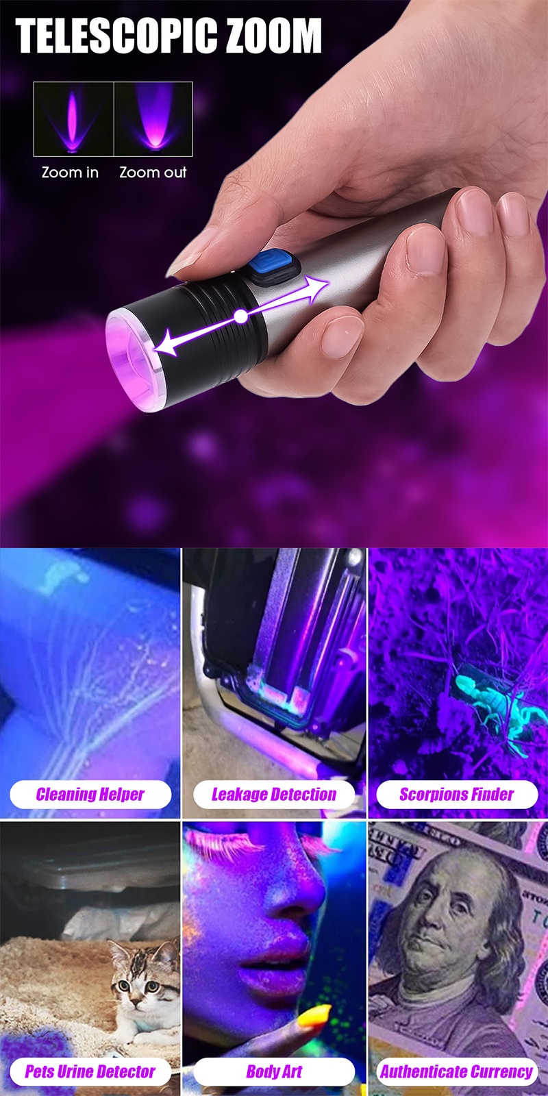 395/365nm 3 Modes Zoomable UV Flashlight / Portable Small Alloy ...