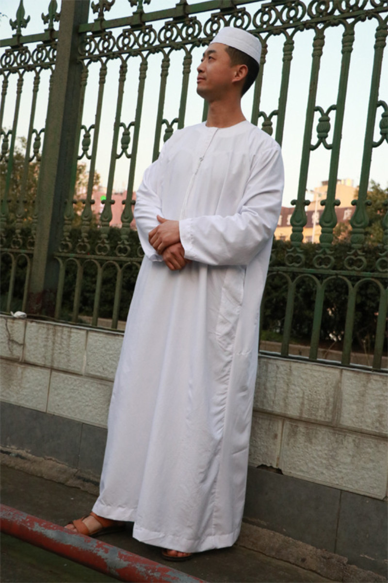 Men White Muslim Robe Islamic Kaftan Saudi Arabia Solid Color O Neck ...