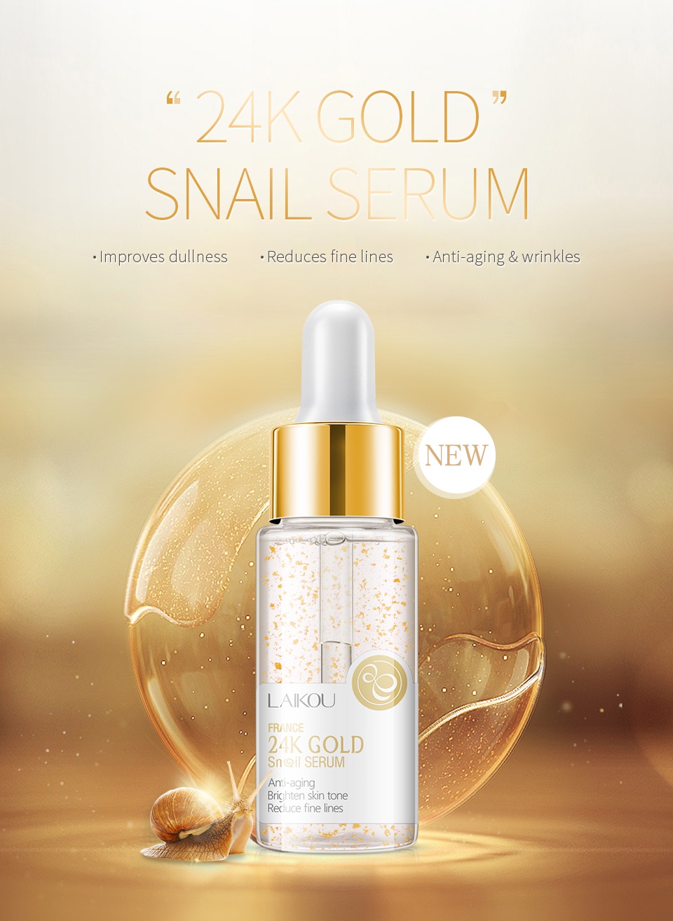 LAIKOU 24k Gold Snail Face Serum Whitening Essence Anti-aging Remove Fine Lines Moisturizing ...