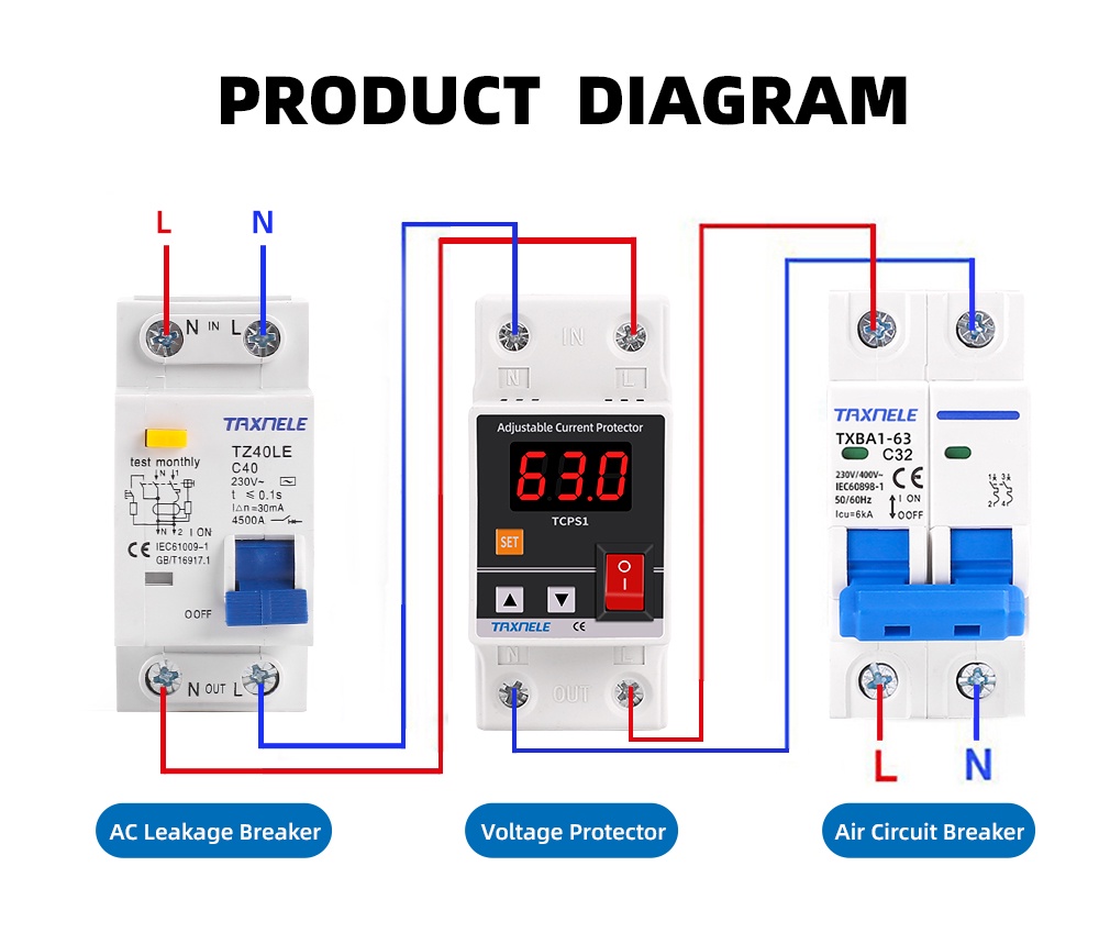 Electric Current limiter with Overload Protection Relay Electronics Circuit Breaker Surge 2P 63A ...
