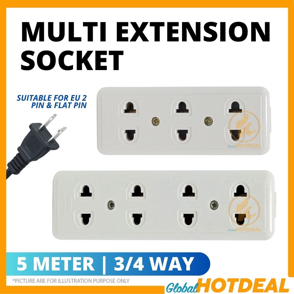 5 METER Multisocket 2 Pin 3 / 4 Way Extension Socket Suitable For Electrical Appliances Electric ...