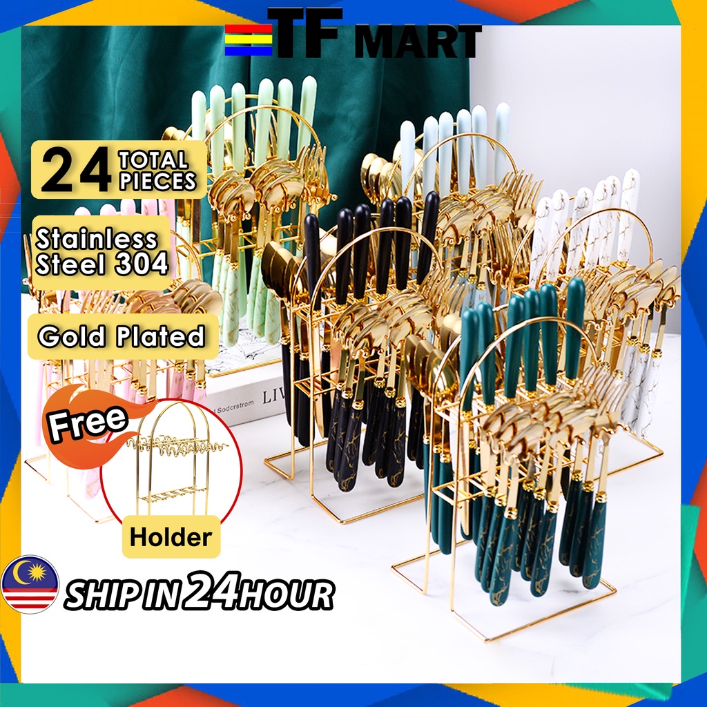 24 Pcs Cultery Set With Gold Stand Holder Stainless Steel Spoon Fork ...