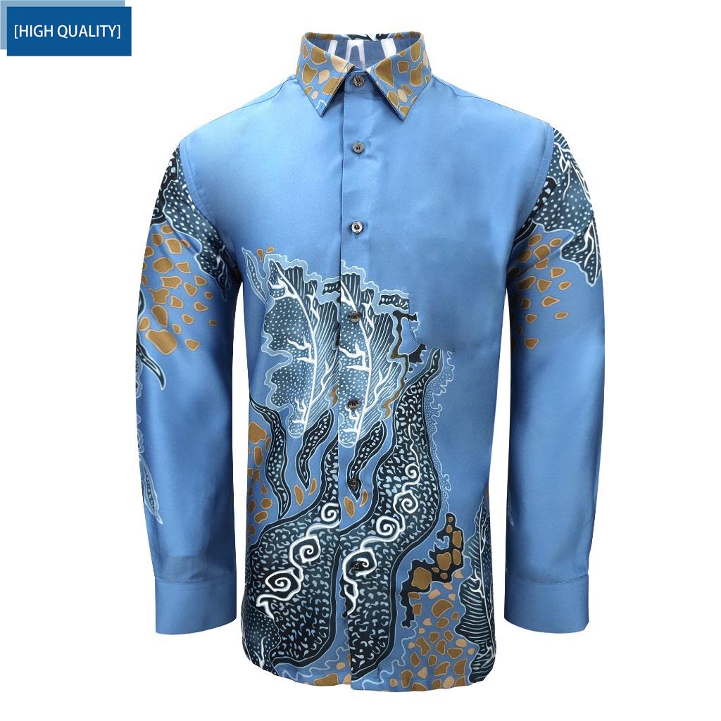 (Regular) Blue Color Malaysia Men Batik Long Sleeve Kemeja Batik Lelaki ...