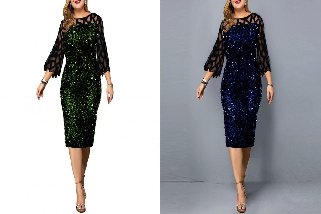 CHE O-Neck 3/4 Sleeve Waist Tight Hip Wrap Bodycon Dress Sequins See ...