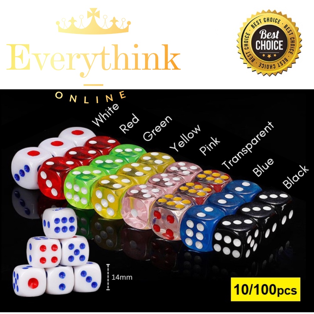 [10/100PCS] HIGH QUALITY 14MM DICE DADU ACRYLIC DICE FOR GAME PLAYING ...