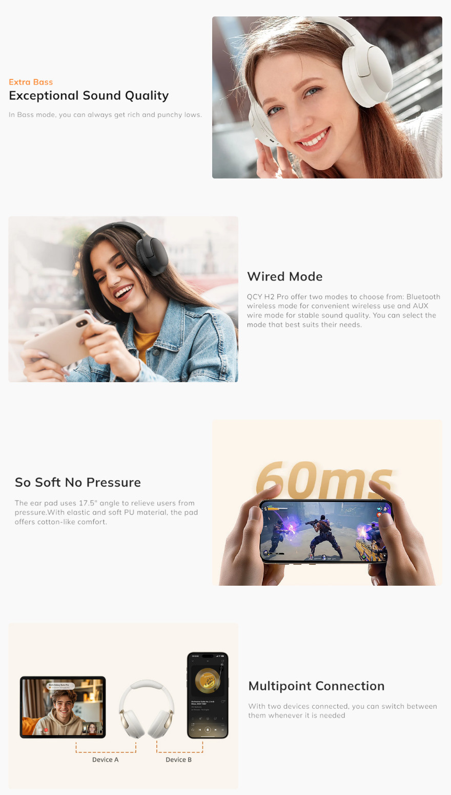 QCY H2 Pro, Wireless Bluetooth Headphone: 40mm Driver, 70H Battery ...