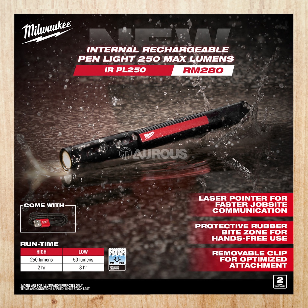 MILWAUKEE INTERNAL RECHARGEABLE PENLIGHT WITH LASER 250 MAX LUMENS (IR ...