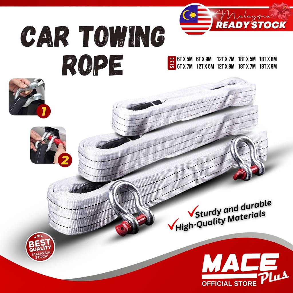 6 / 12 / 18 Ton Car Towing Rope Car Towing Strap 2 Safety Hook Towing ...