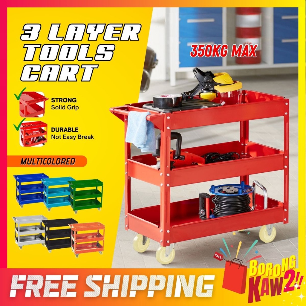 3 Layers Service Cart Metal Steel Tool Trolley 350KG Barang Garaj ...