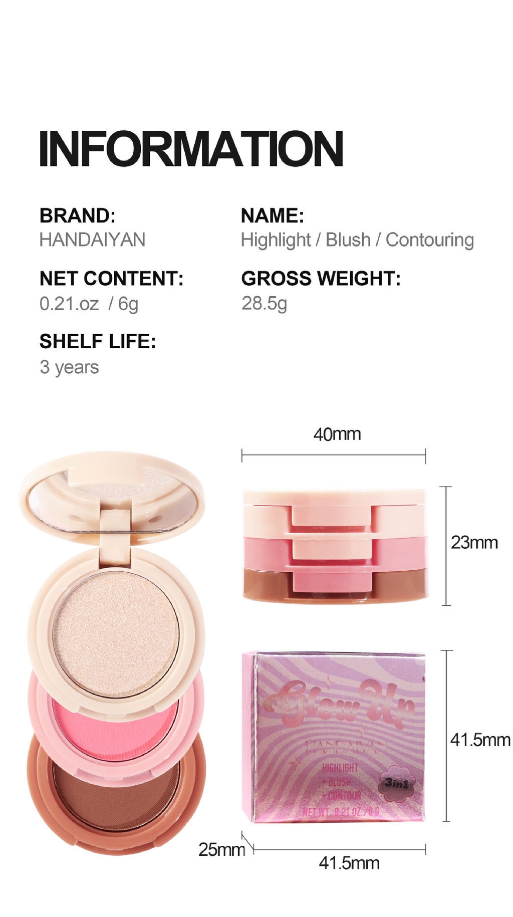 HANDAIYAN 3-In-1 Highlighter, Blush & Contour All-In-One Palette ...