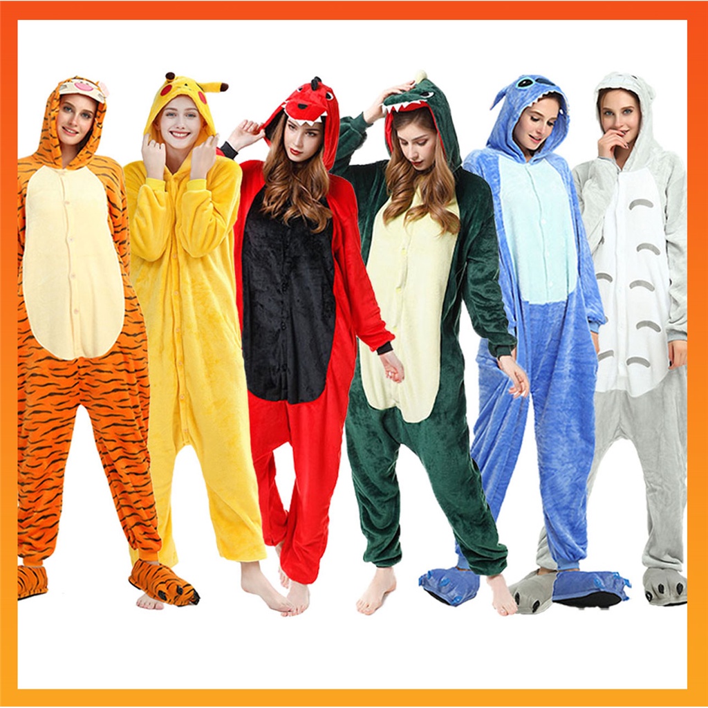 Kigurumi Stitch Pikachu Tiger Dinosaur Cartoon Pajamas Jumpsuits Women Men Hooded Sleepwear ...