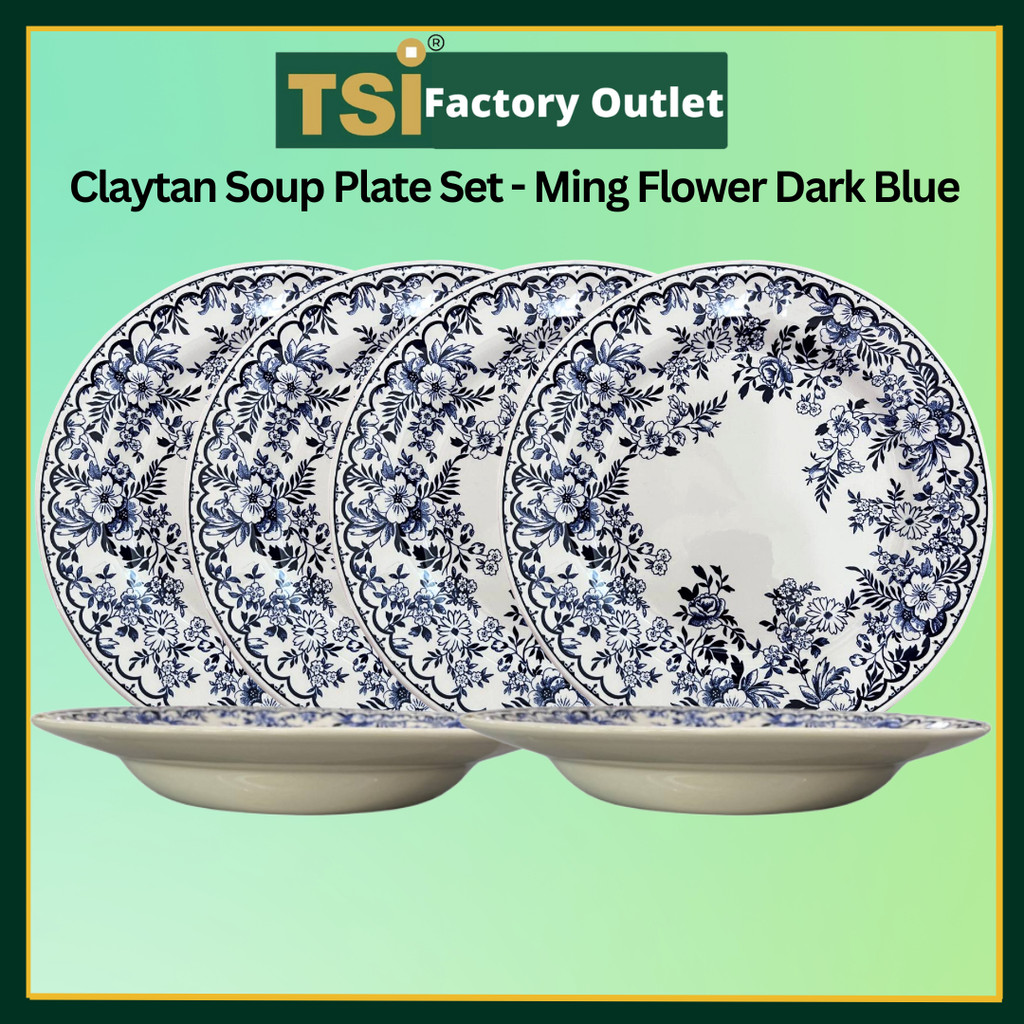 CLAYTAN BASIC SOUP PLATE SET - MING FLOWER DARK BLUE Ceramic Pinggan ...