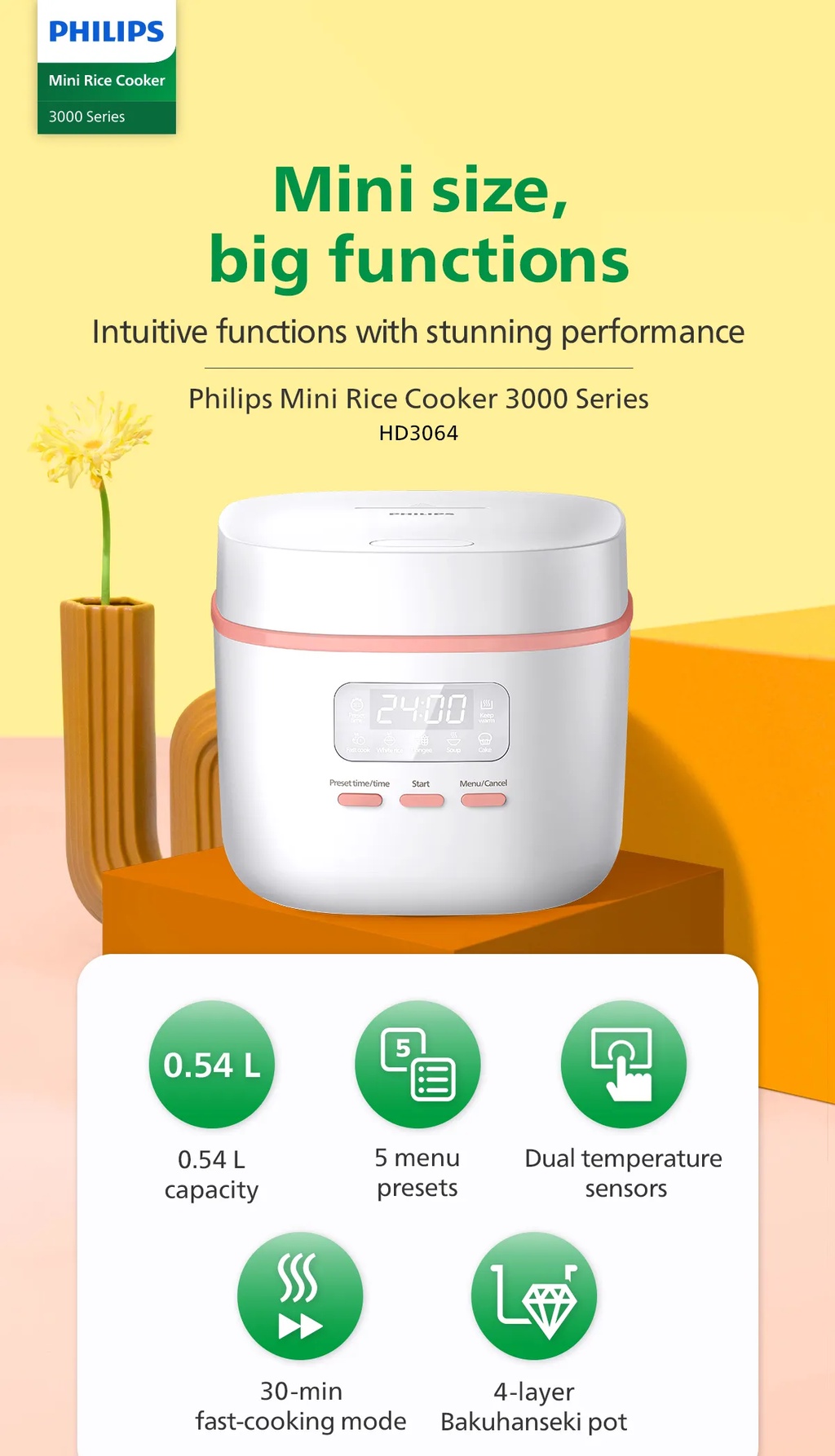 Philips 0.54 Liter Mini Rice Cooker HD3064/62 HD3064 | Shopee Malaysia