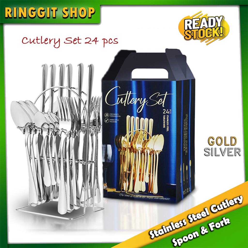 Ringgit Shop Cutlery Set 24 pcs Stainless Steel Cutlery Spoon & Fork ...
