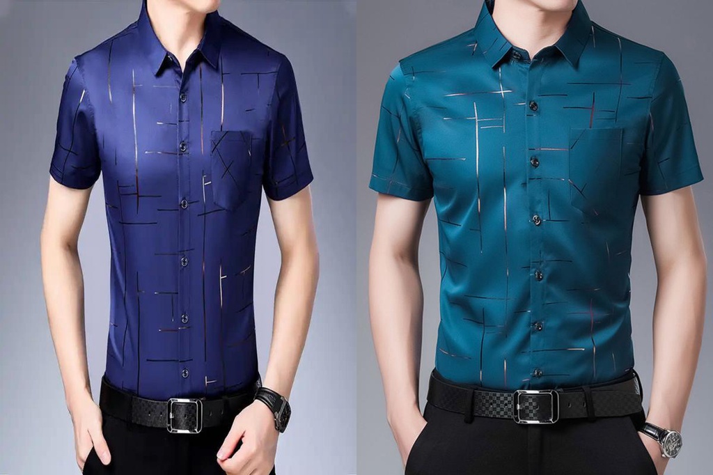 SDRU Social Dress Shirt Hot Stamping Print Buttons Men Lapel Collar Top ...