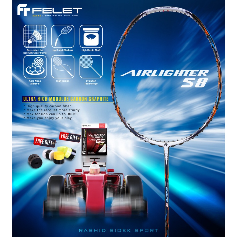 Felet Airlighter 58 Ultra Light 58g 9u Racket Badminton Racket Raket ...