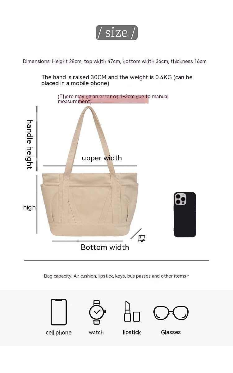 Canvas Tote Bag Shoulder Bag Women Large Capacity Office Bag A4 Paper ...