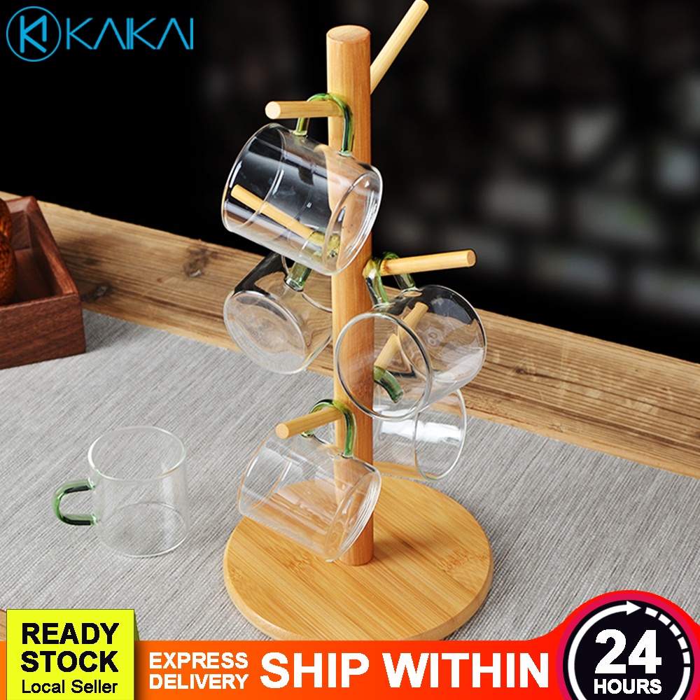 🔥 SPACE OPTIMIZATION 🔥 6 Hooks Wooden Cup Holder Detachable Tea Cups ...