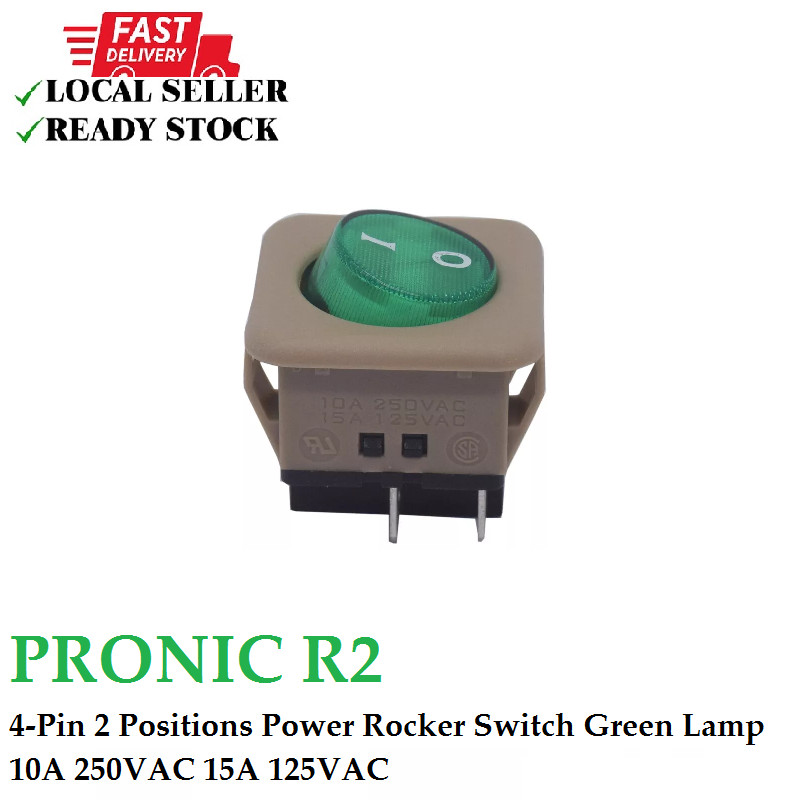 PRONIC R2 4-Pin 2 Positions Power Rocker Switch Green Lamp 10A 250VAC ...