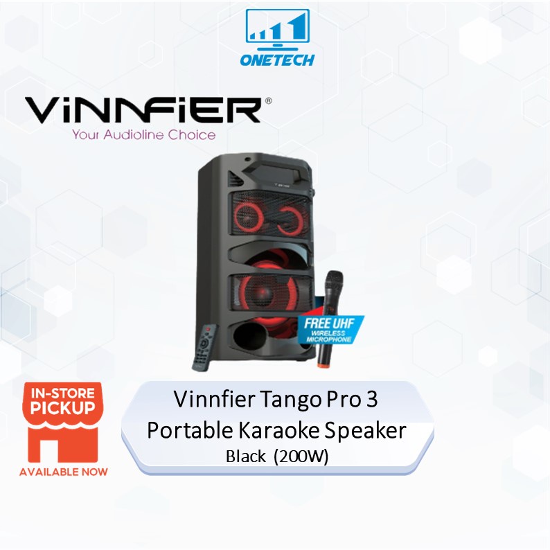 Vinnfier Tango Pro 3 Portable Karaoke Speaker - Black (200W / Wireless Microphone / Bluetooth ...