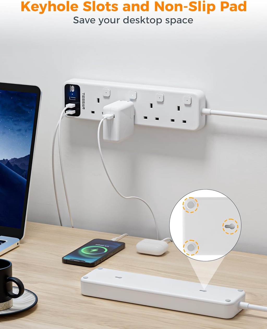 TESSAN Extension Plug Power Socket Extension Cord with 3 USB Slots ...