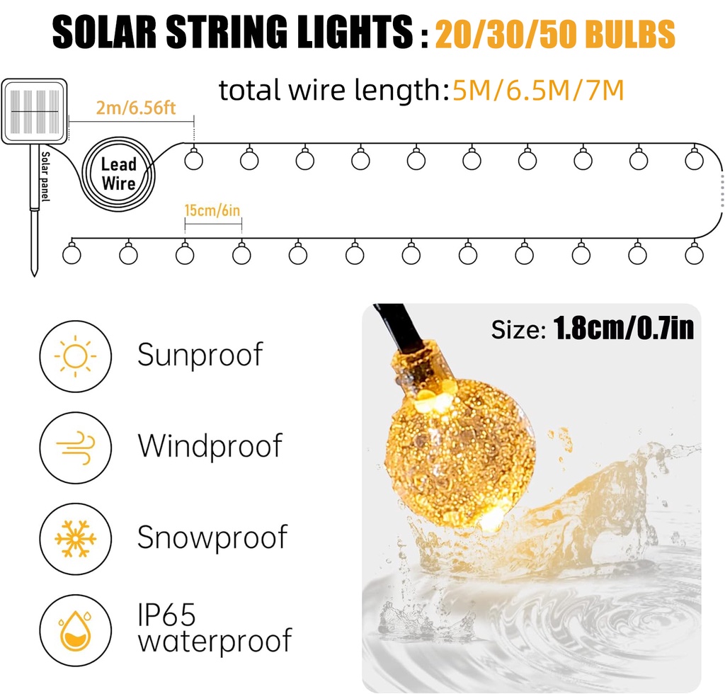 Lights String Outdoor Waterproof LED Christmas Solar Power Crystal ball ...