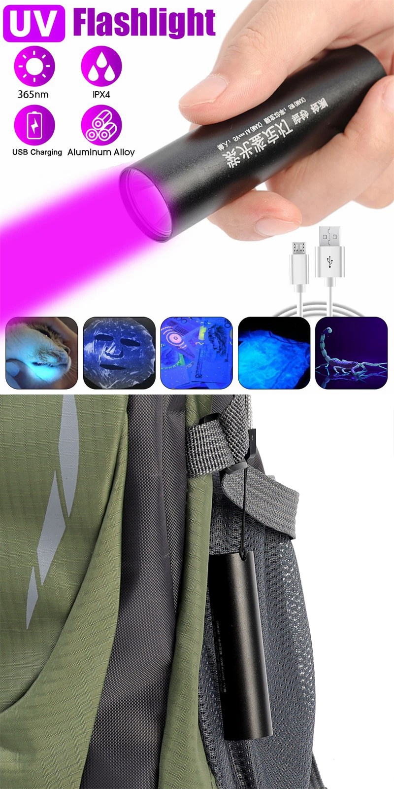 395/365nm 3 Modes Zoomable UV Flashlight / Portable Small Alloy ...