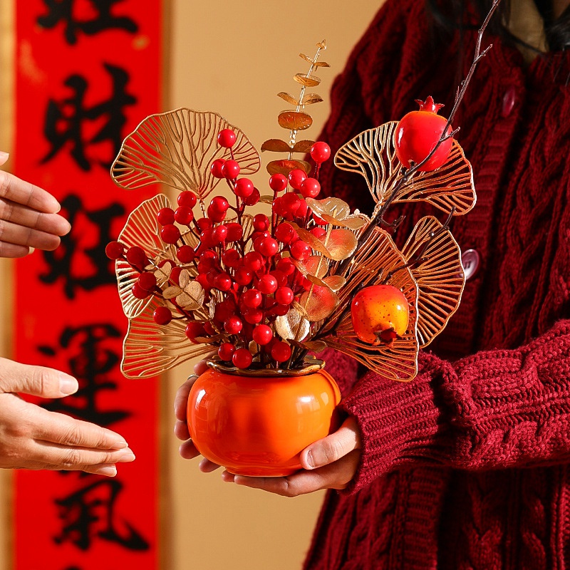 Chinese Artificial Persimmon Tree Pot Spring Festival Red Blessing ...
