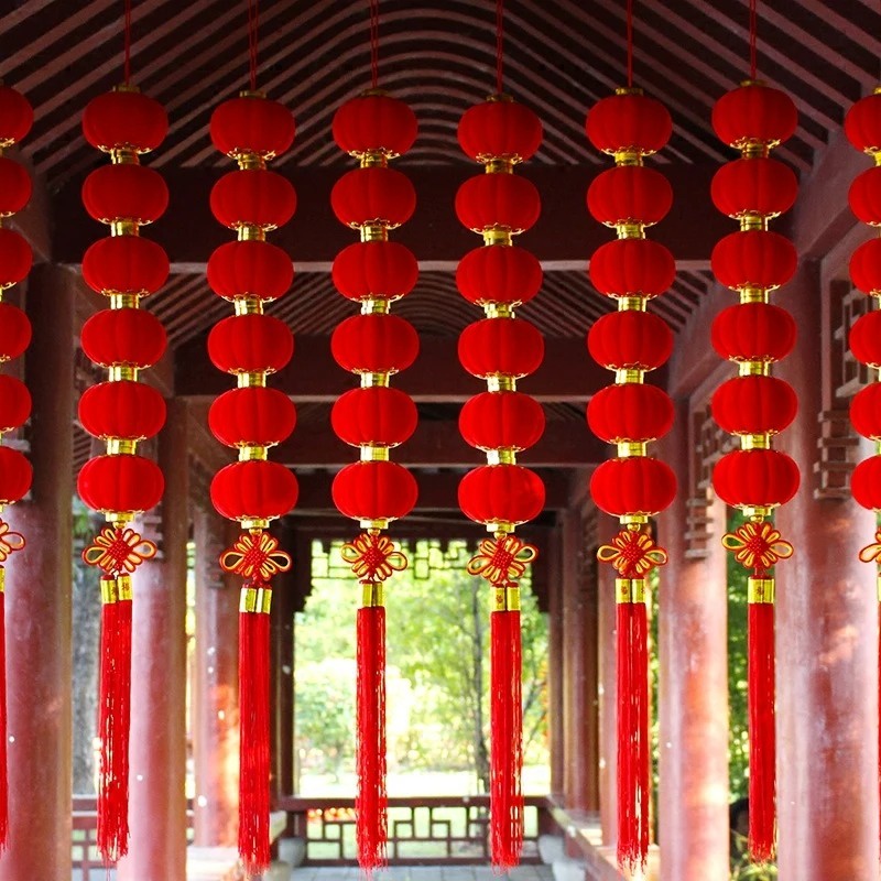 Red Flocking Lanterns String Traditional Chinese New Year Hanging ...