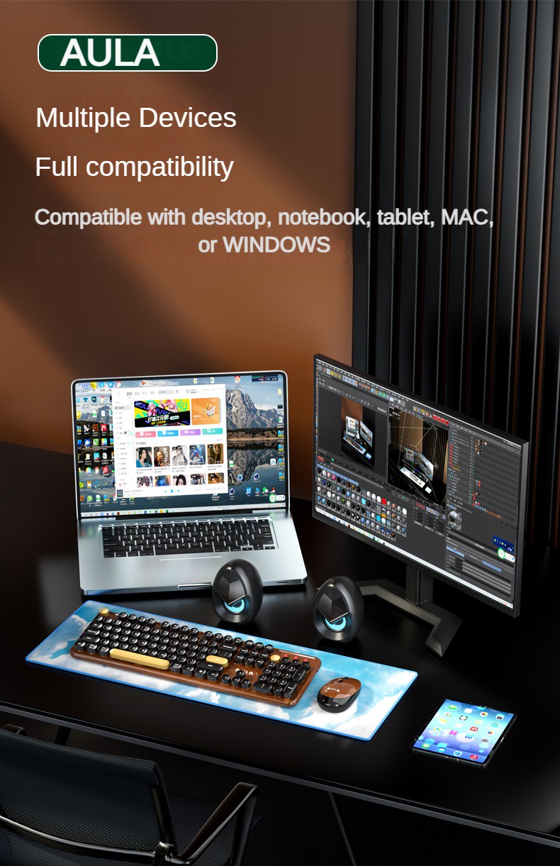 AULA-AC306 Wireless Keyboard Mouse Office Game Retro Keyboard & Mouse ...