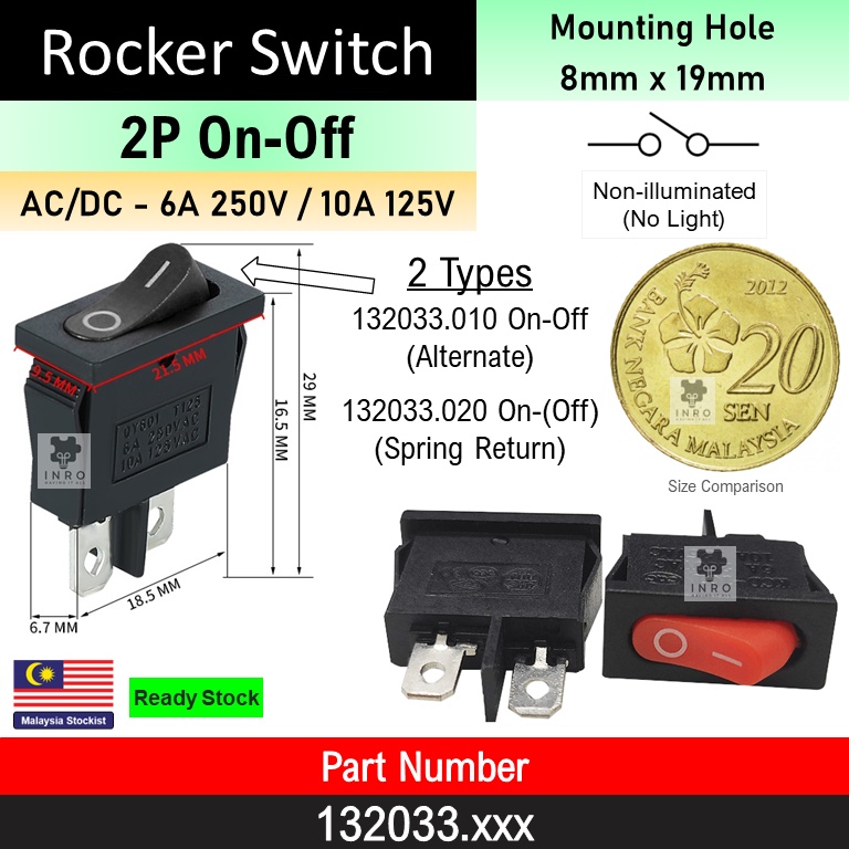 [Alternate / Spring Return] 2 Pin SPST KCD1-110 Rocker Switch, Suis ...