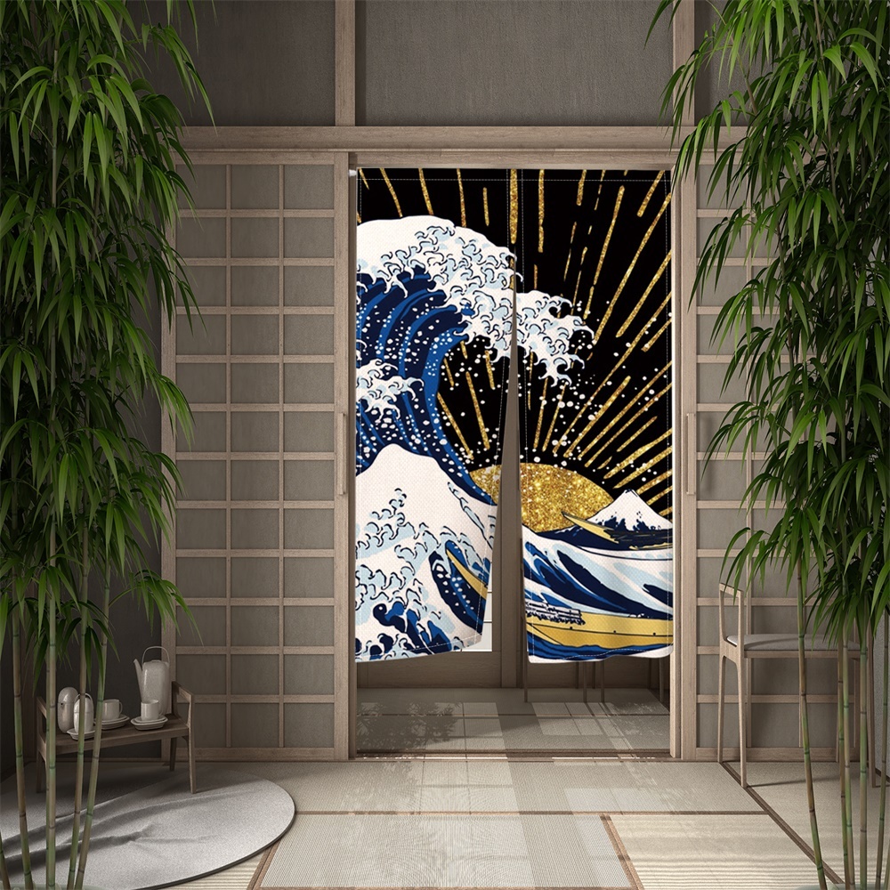 Ocean Waves Japanese Door Curtain Partition Kitchen Doorway Golden ...