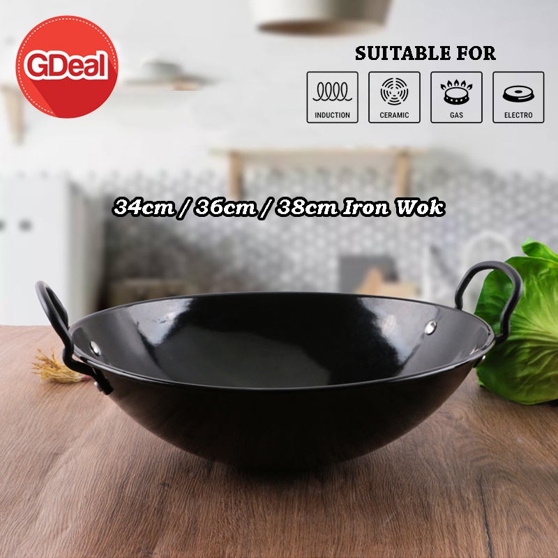 GDeal 24/28/31cm Traditional Sleek Coated Enamel Iron Wok With Double ...