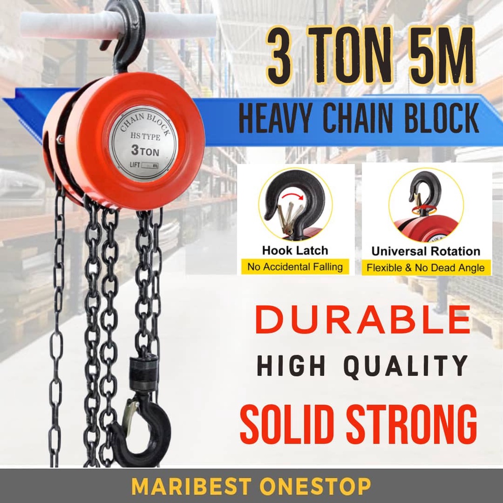 3Ton Heavy Duty Chain Block Lifting 5 Meter HS-type Chain Hoist Rantai ...