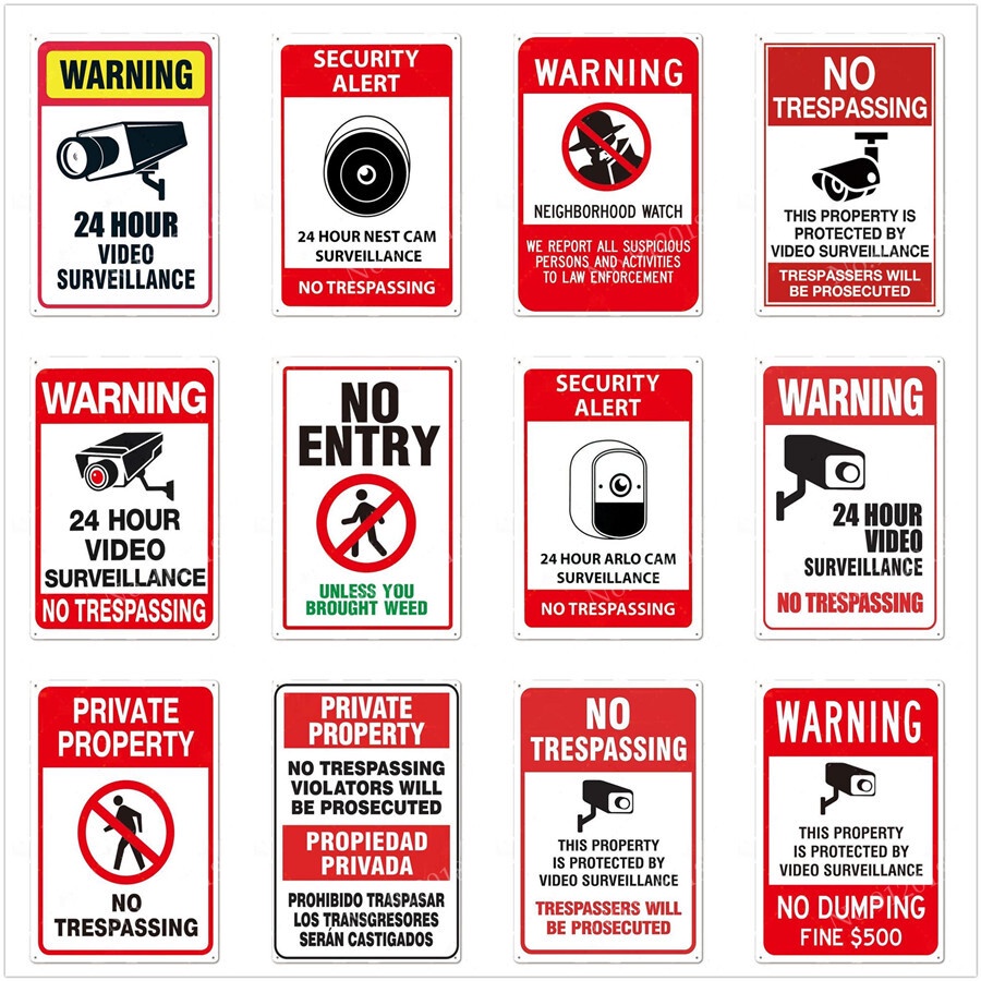 Warning Trespassing No Entry 24 Hour Surveillance Metal Tin Sign Public ...